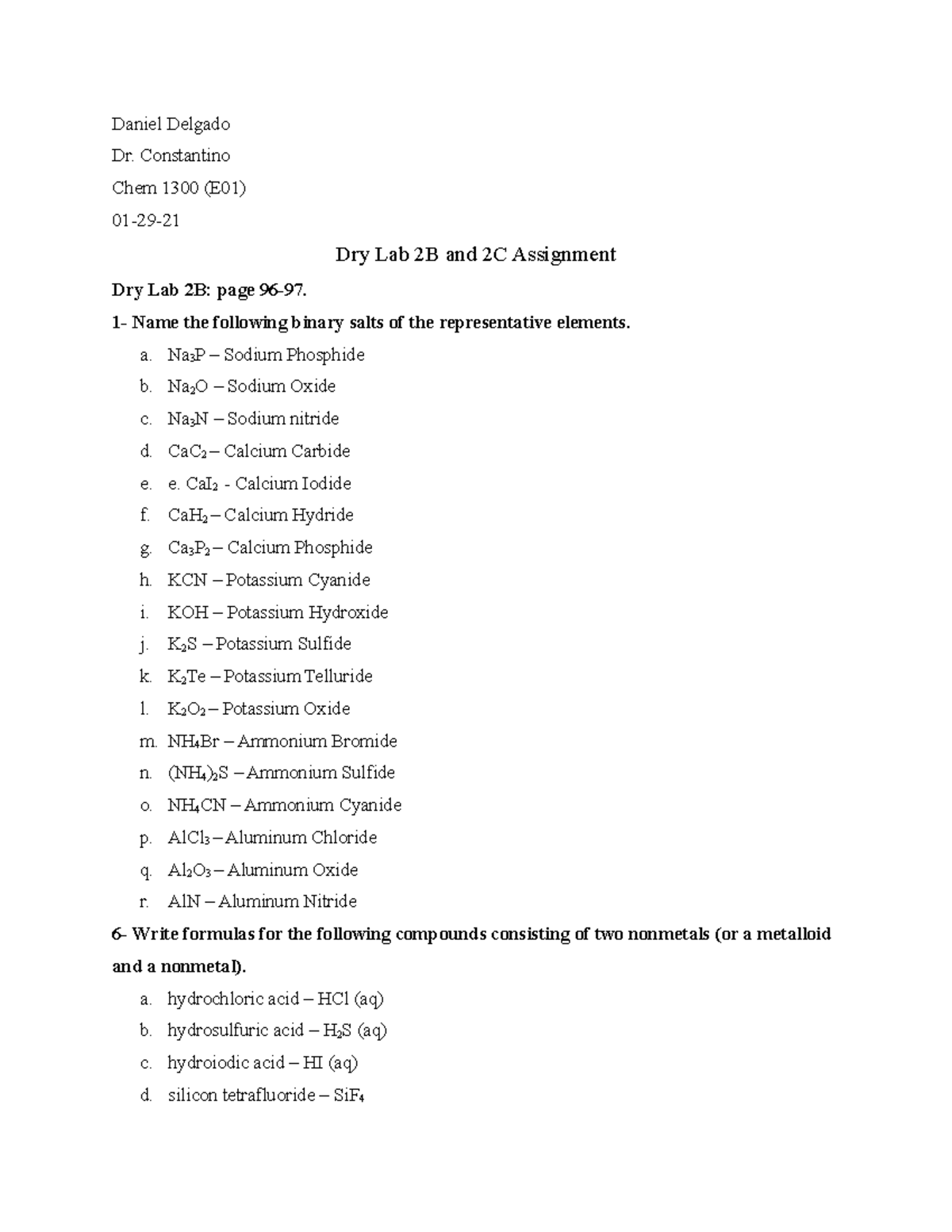 Dry Lab 2b And 2c Assignment Daniel Delgado Dr Constantino Chem 1300 E01 01 29 Dry Lab 2b