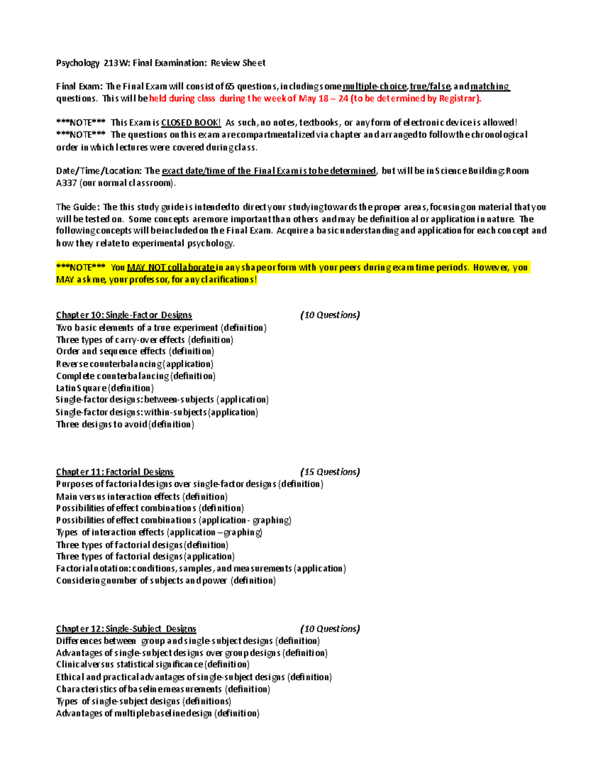 Psych 213W - Final Exam - Review Sheet (PDF) - Psychology 213W: Final ...