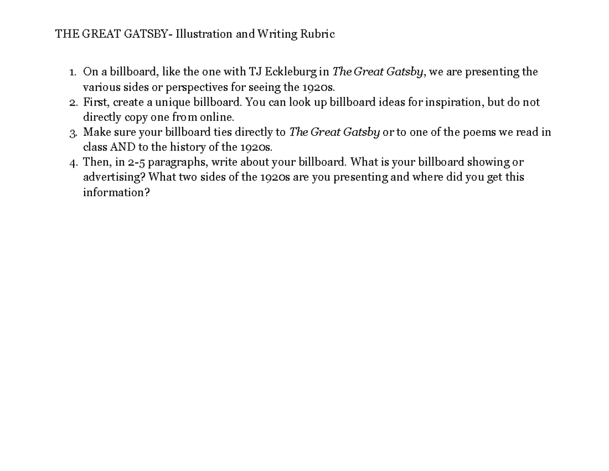 THE Great Gatsby- Illustration and Writing Rubric - 1. On a billboard ...