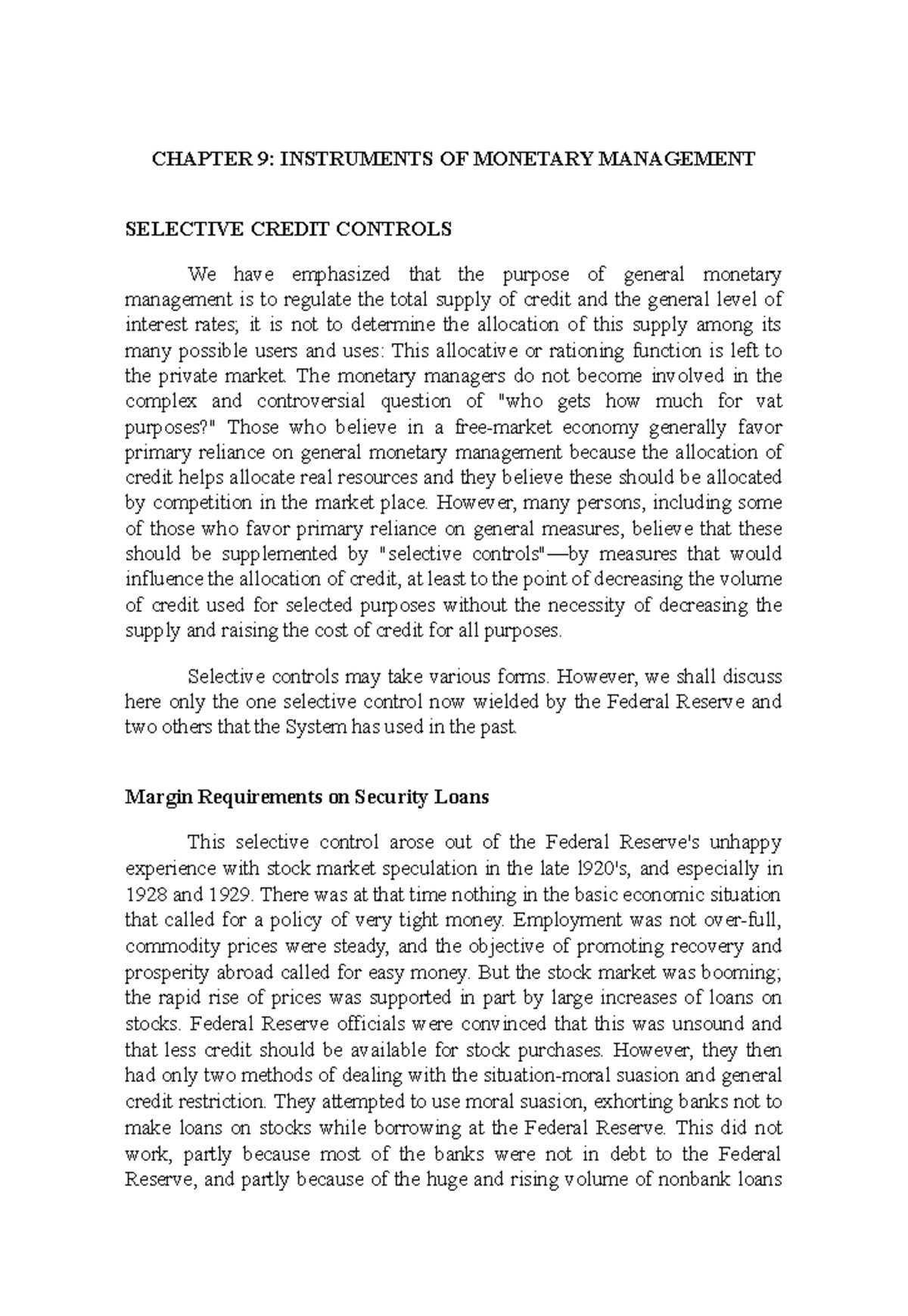 CHAPTER 9 INSTRUMENTS OF MONETARY MANAGEMENT: Selective Credit Controls ...
