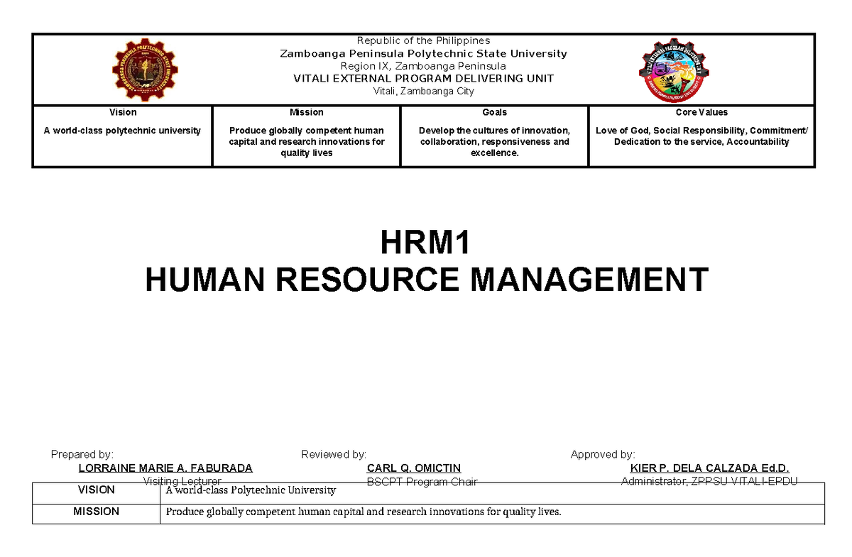 HRM Syllabus Updated - Republic of the Philippines Zamboanga Peninsula ...