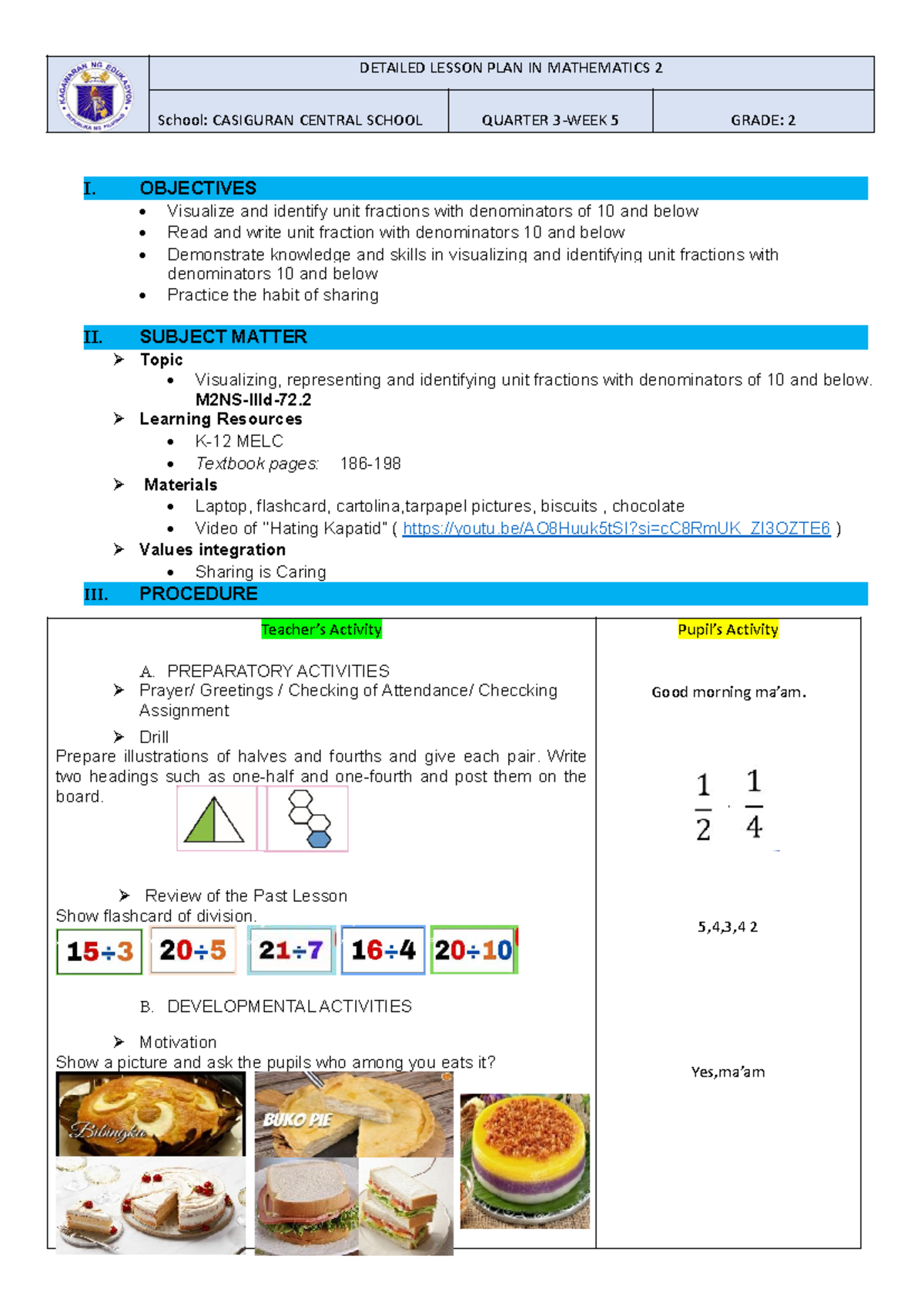 Detailed Lesson PLAN IN Mathematics 2 Unit Fraction - DETAILED LESSON ...