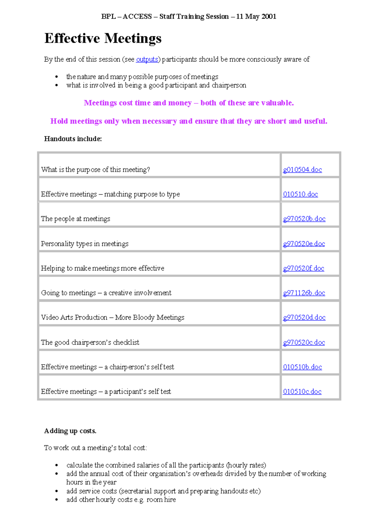 Effective meeting - dewdew - BPL – ACCESS – Staff Training Session – 11 ...