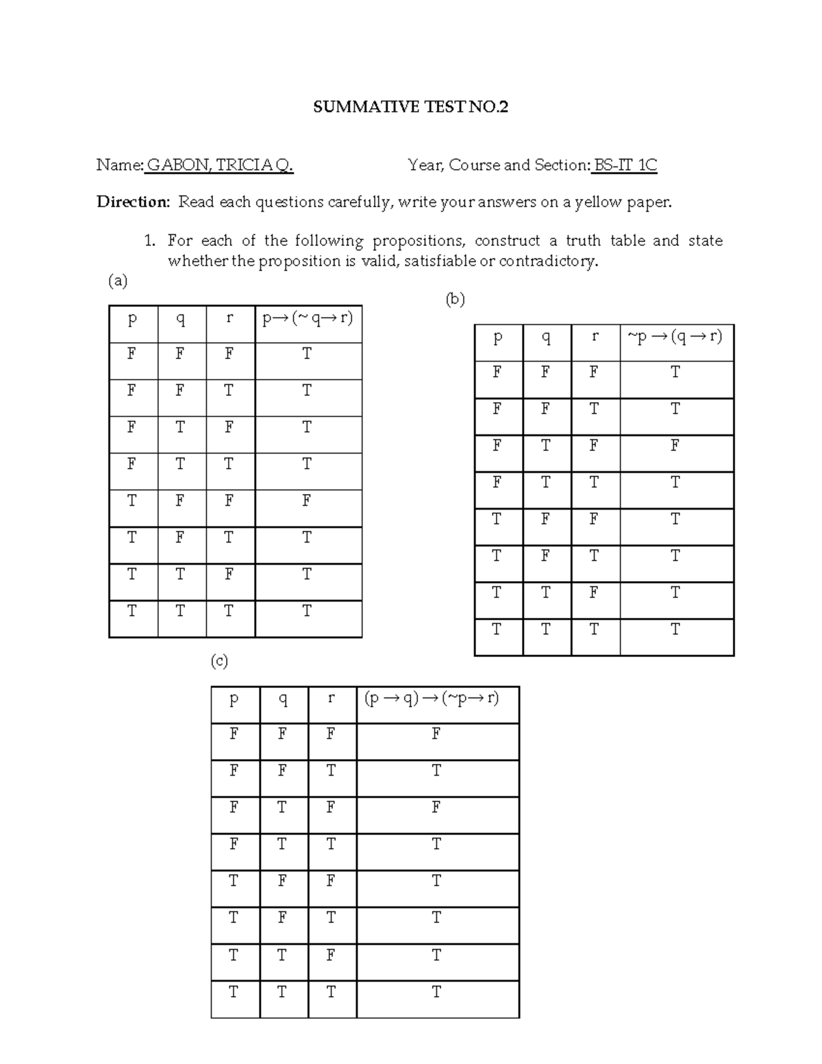 Summative- Discrete MATH LP2 - (a) p q r p → (~ q → r) F F F T F F T T ...
