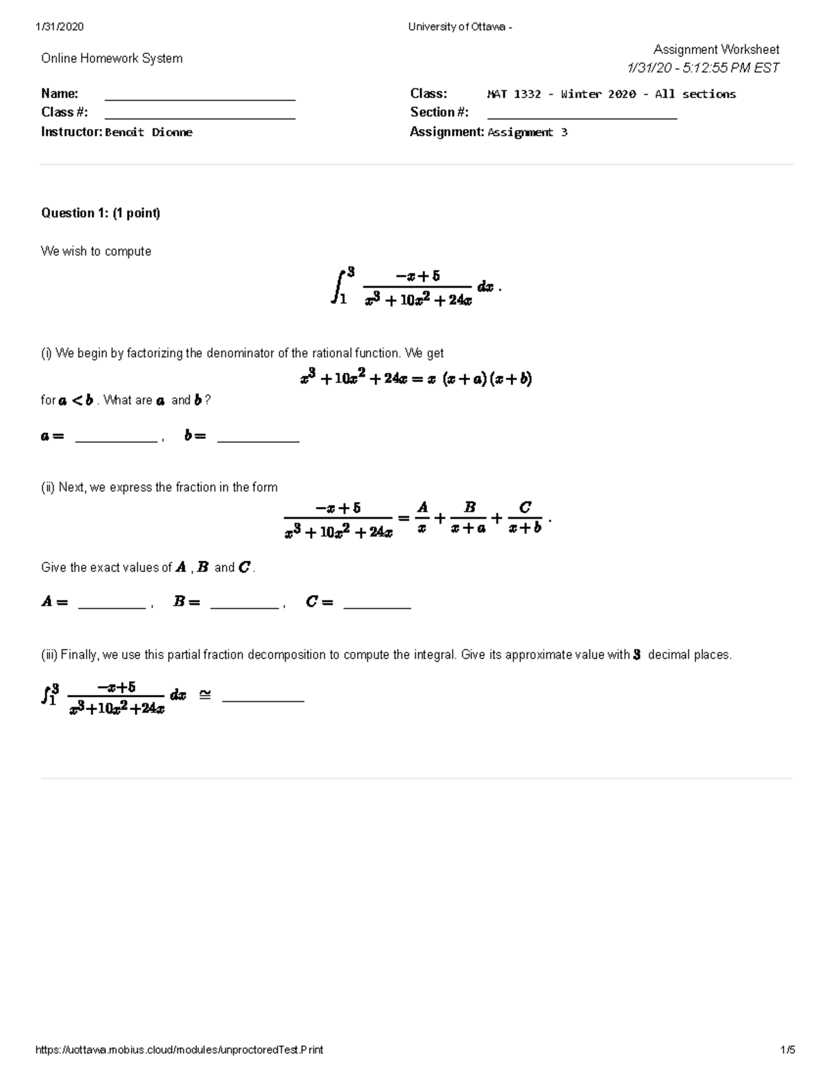 Mobius 3 assignment - Online Homework System 1/31/20 - 5:12:55 PM ...