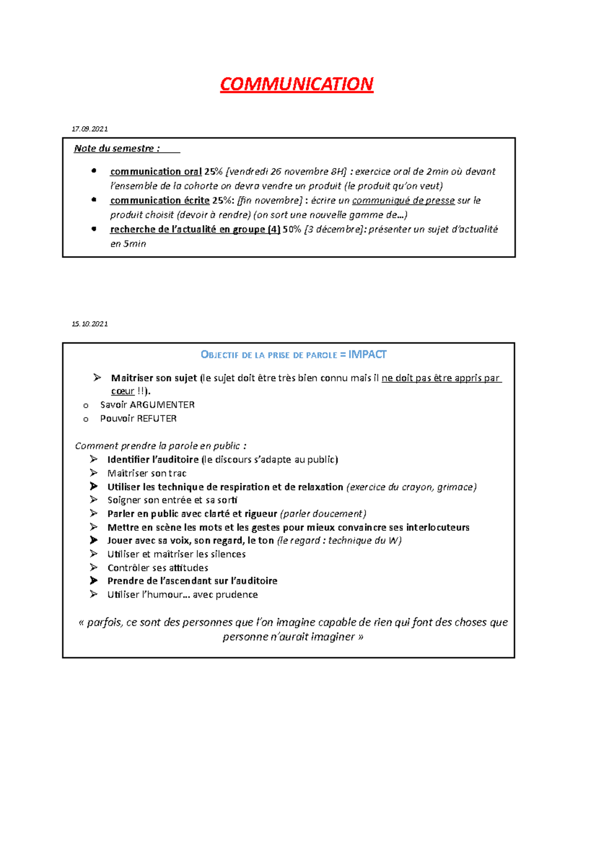 Lecon - 1S1 - COMMUNICATION 17. 15. Note du semestre : communication ...