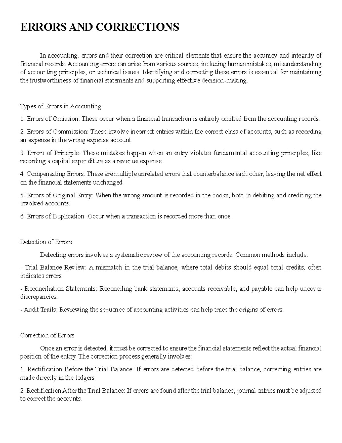 Errors and Corrections - ERRORS AND CORRECTIONS In accounting, errors ...