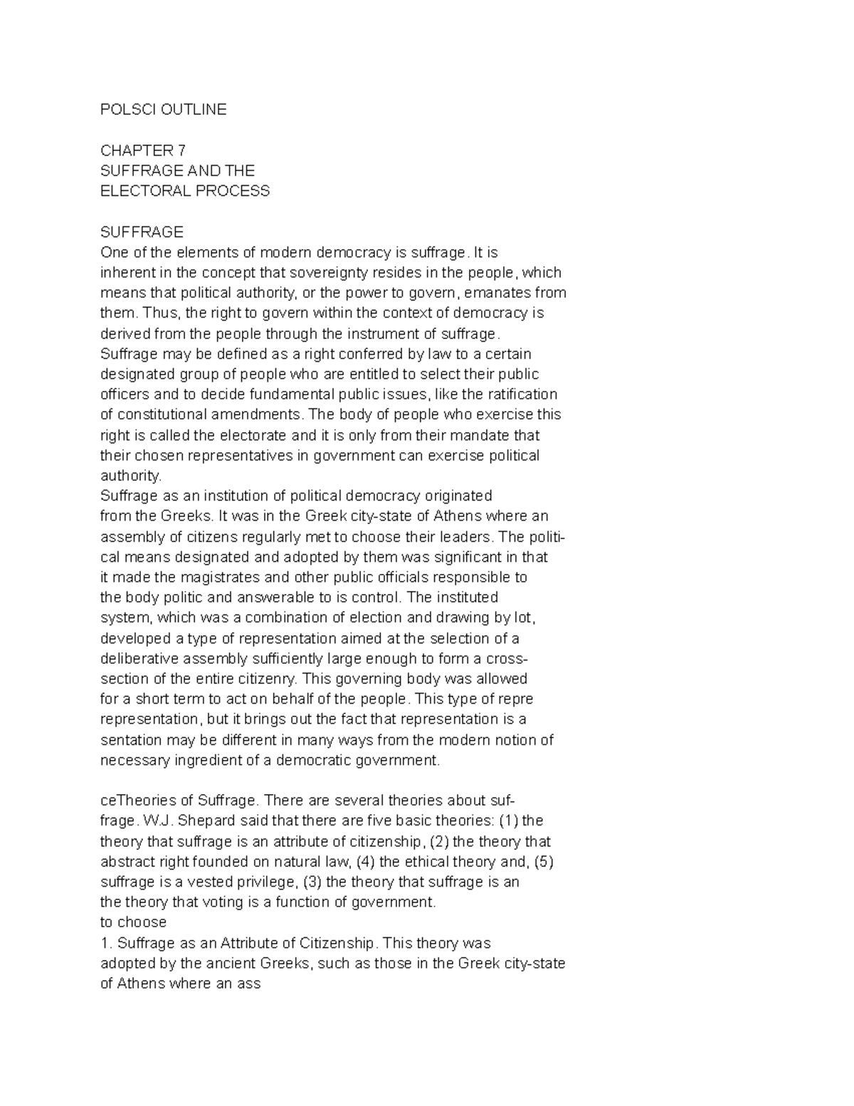 CHAPTER 7 SUFFRAGE AND THE ELECTORAL PROCESS political science outlie ...