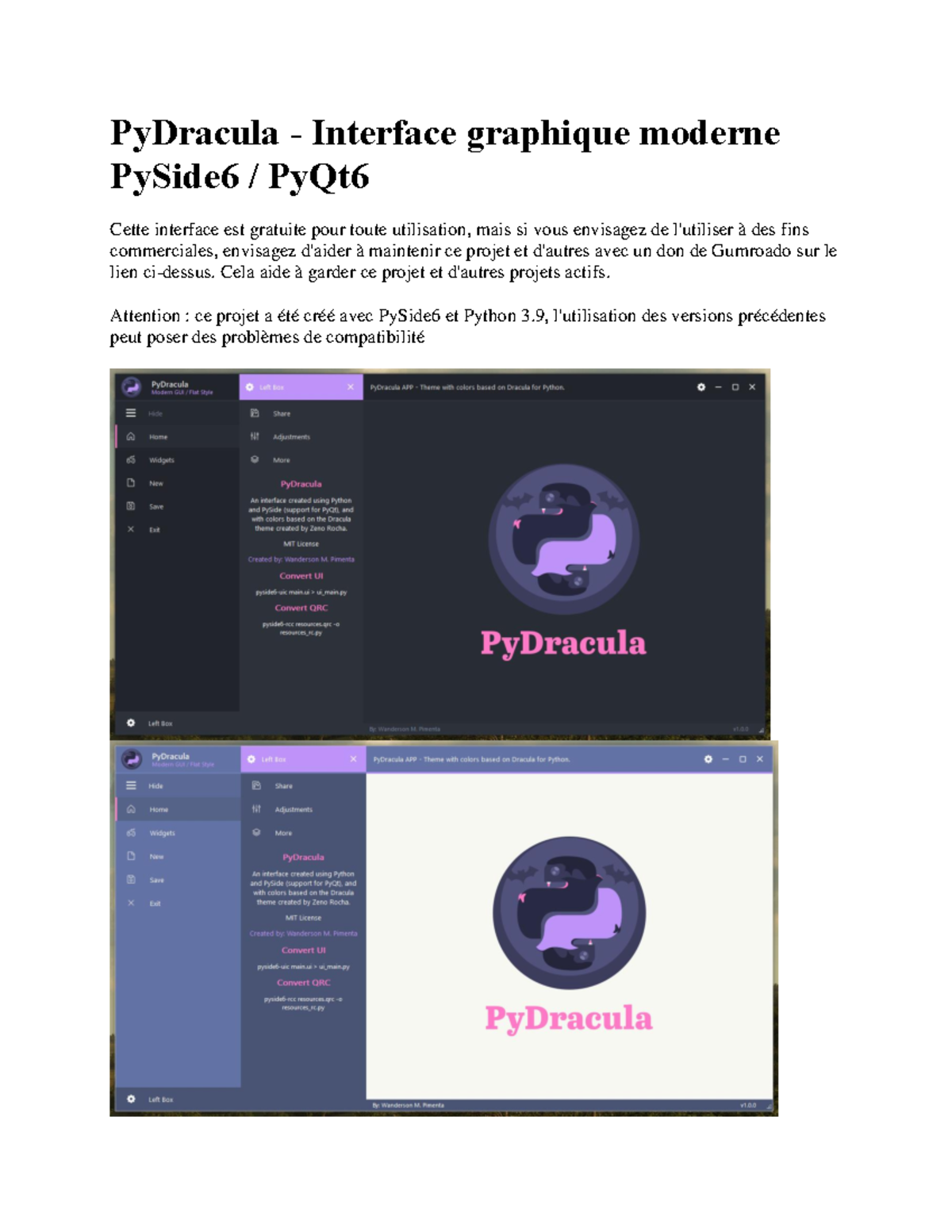 Py Dracula - PyDracula - Interface graphique moderne PySide6 / PyQt Cette interface est gratuite ...