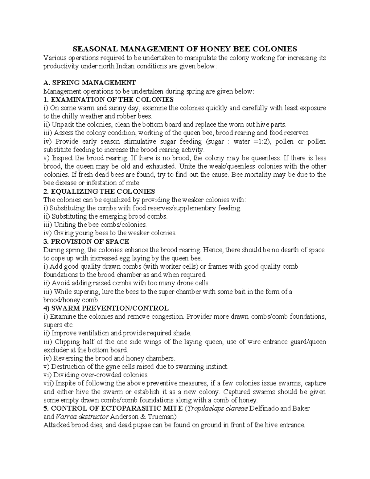 Seasonal Management OF Honey BEE Colonies - SEASONAL MANAGEMENT OF ...