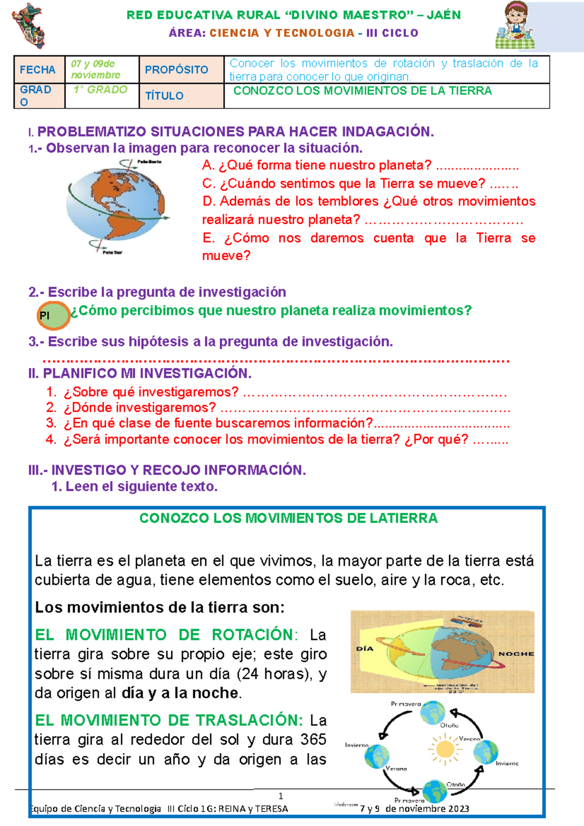 III-1G- Ciencia - Movimientos DE LA Tierra - Ficha - FECHA 07 y 09de ...