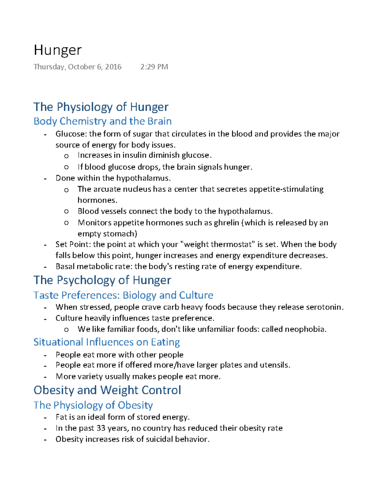 Hunger - Lecture notes 16 - Hunger Thursday, October 6, 2016 2:29 PM ...