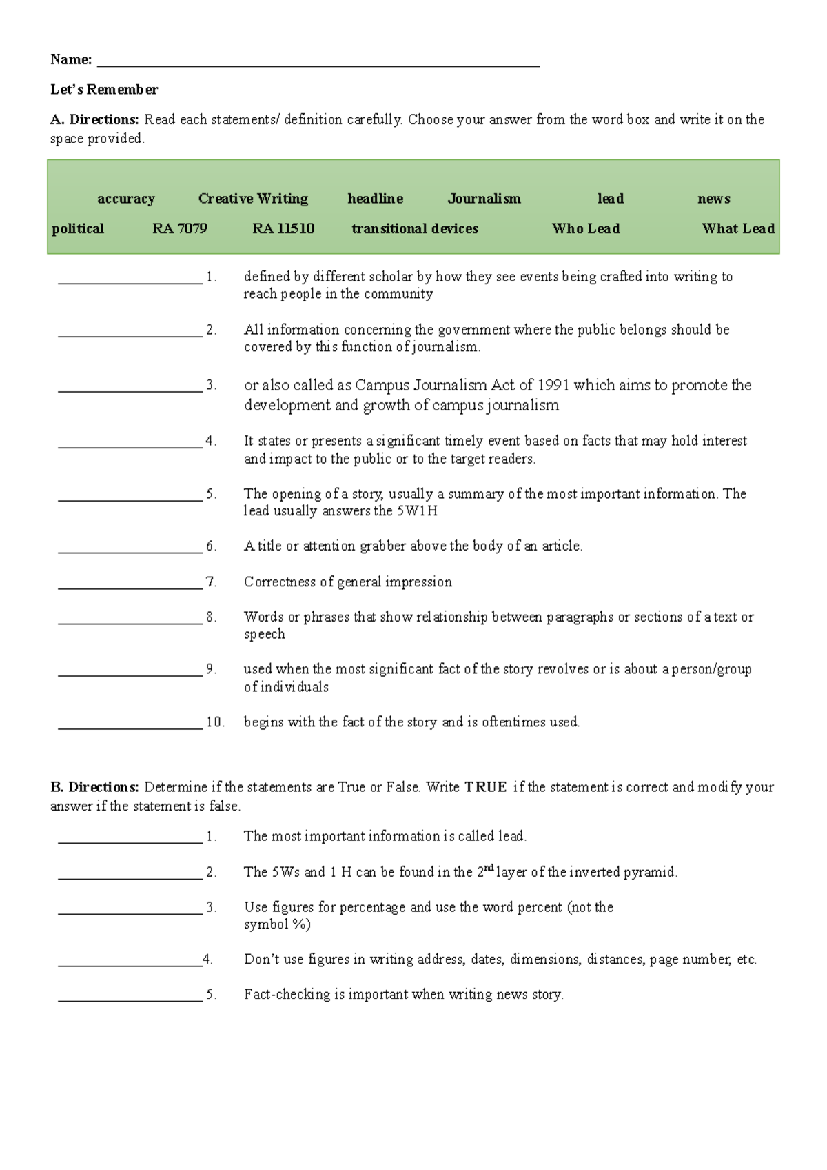 Journalism Exam - Name ...