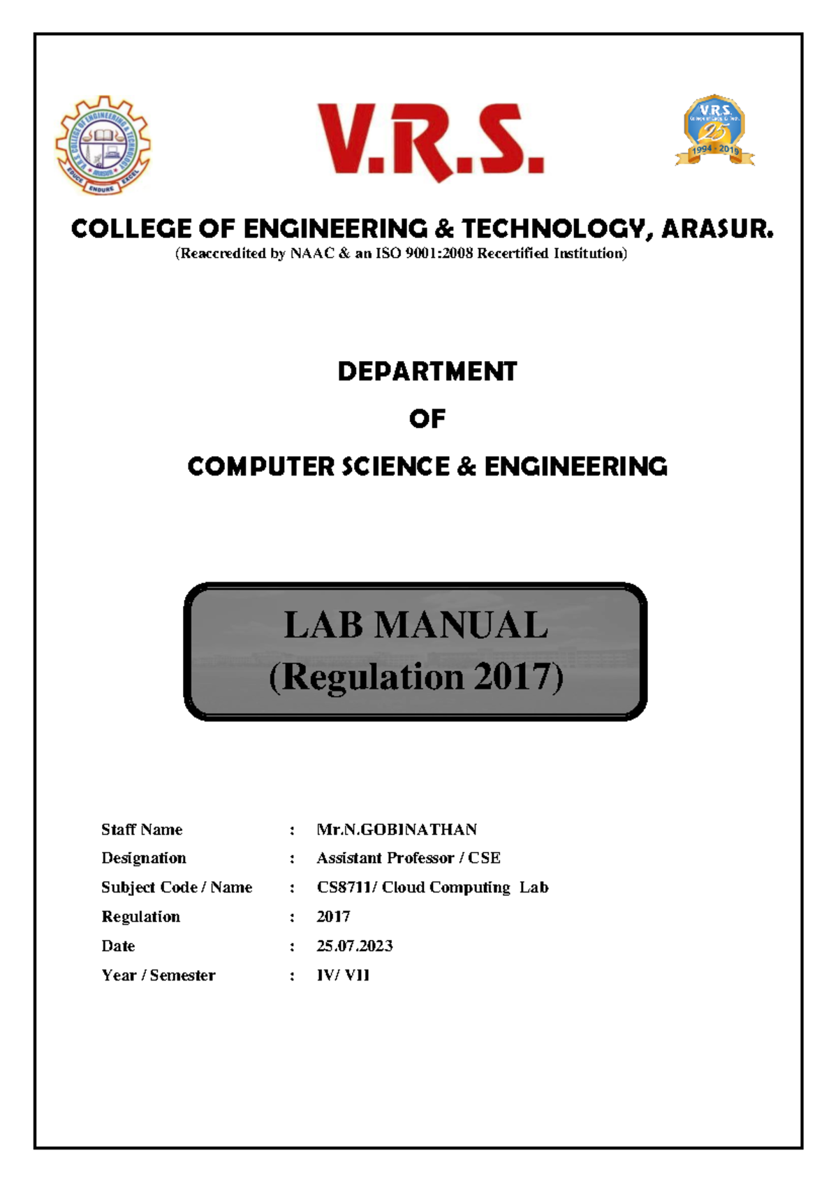 CS8711 Lab Manual 25 - COLLEGE OF ENGINEERING & TECHNOLOGY, ARASUR ...