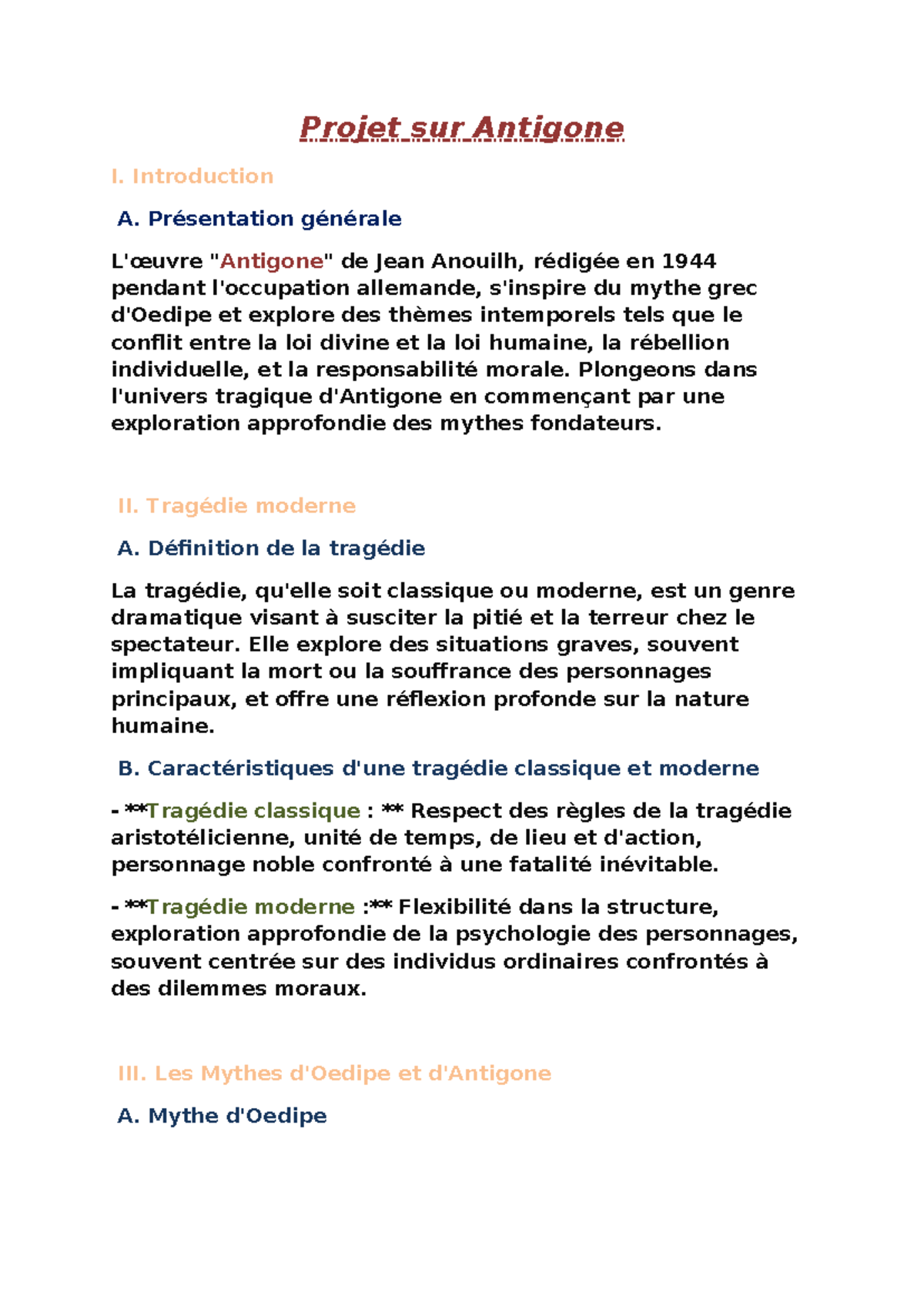 Projet sur Antigone - Introduction A. Présentation générale L'œuvre ...