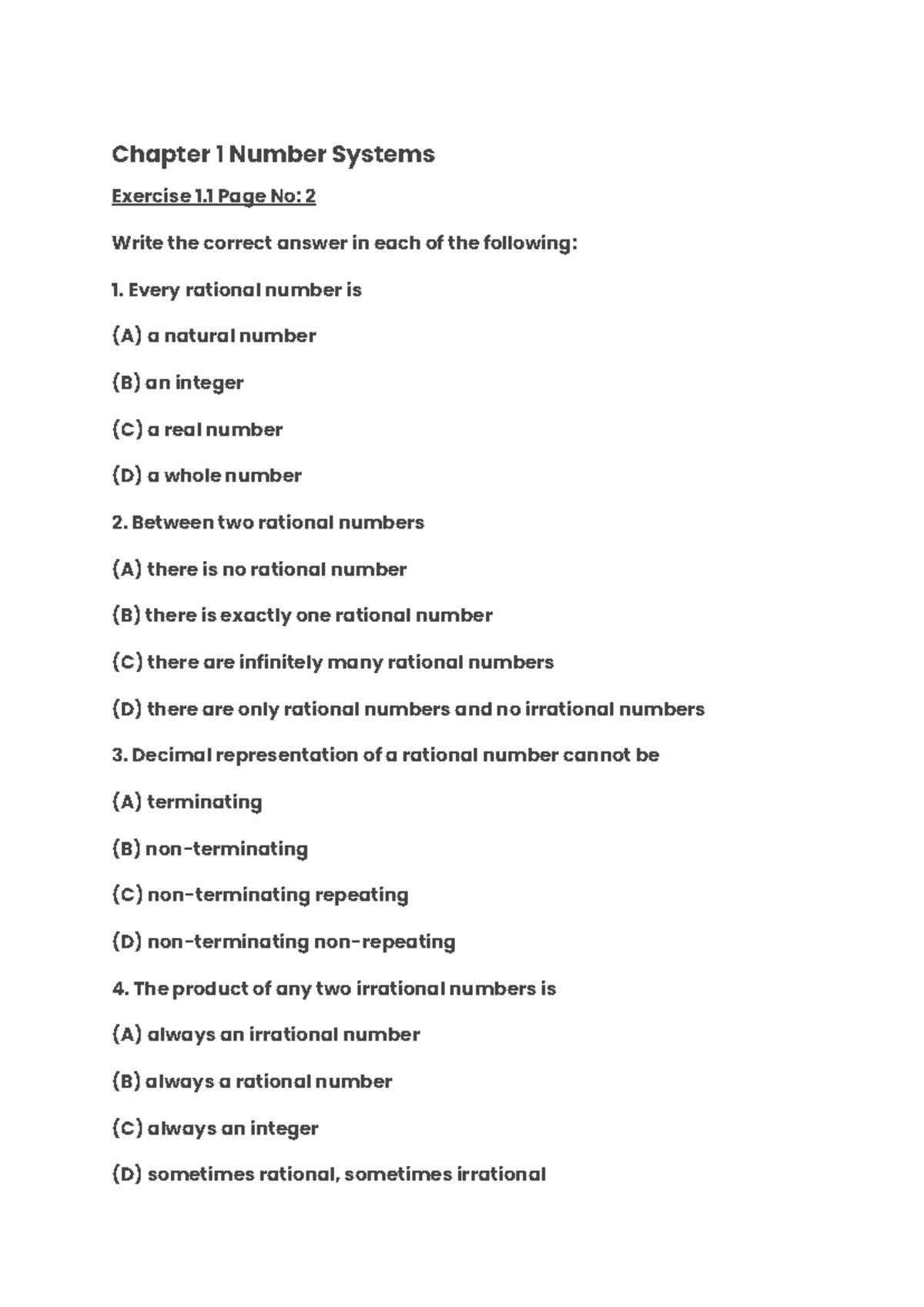 Chapter 1 Number Systems Worksheet - Chapter 1 Number Systems Exercise ...