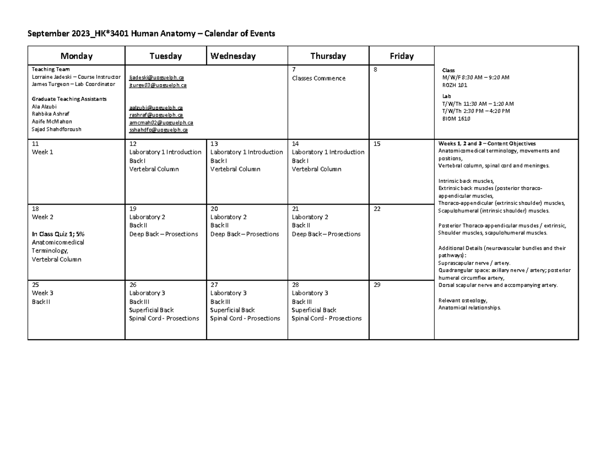 HK calendar - layout of the human anatomy I class for the F23 semester ...