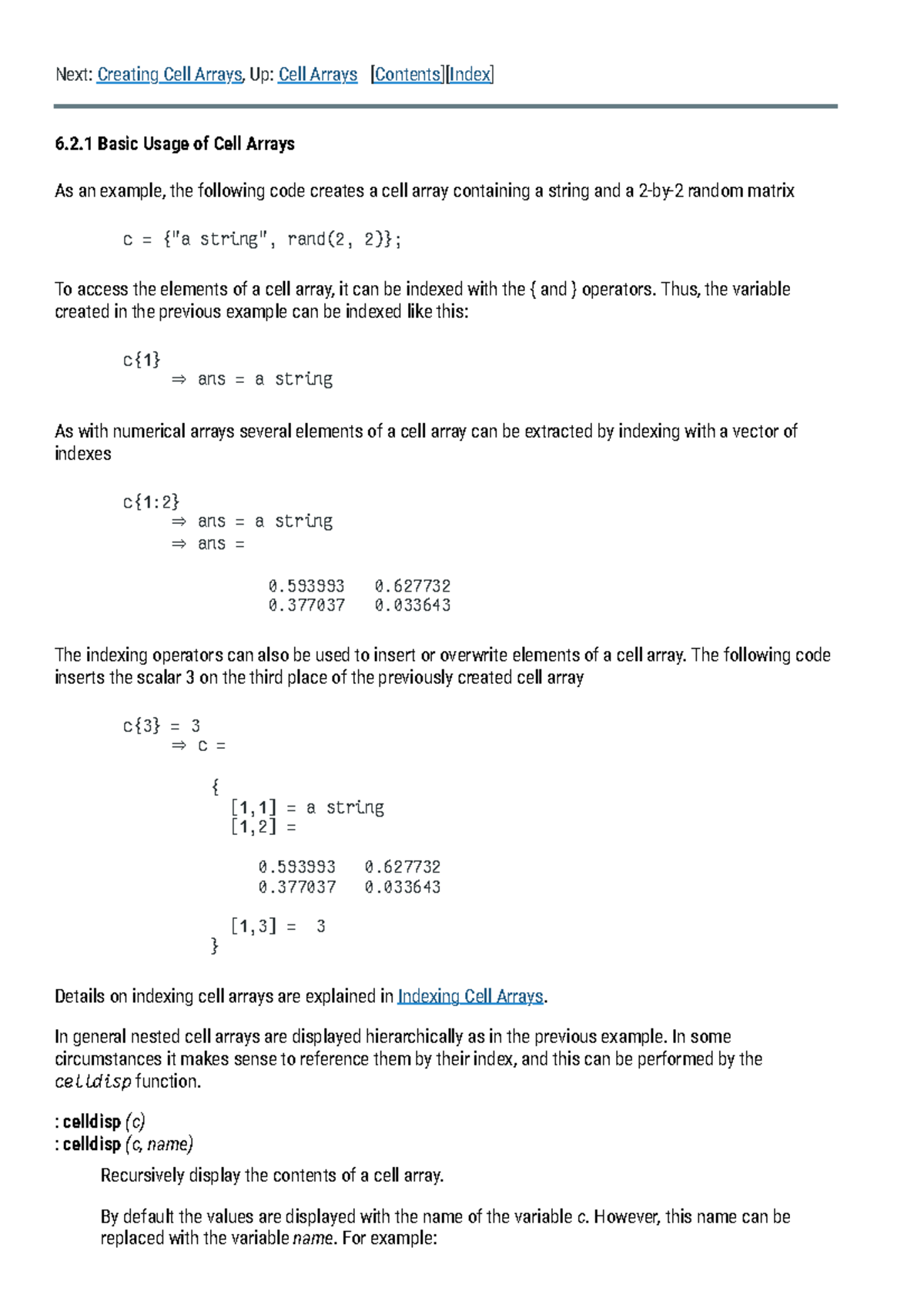 Basic Usage of Cell Arrays (GNU Octave) - Next: Creating Cell Arrays ...