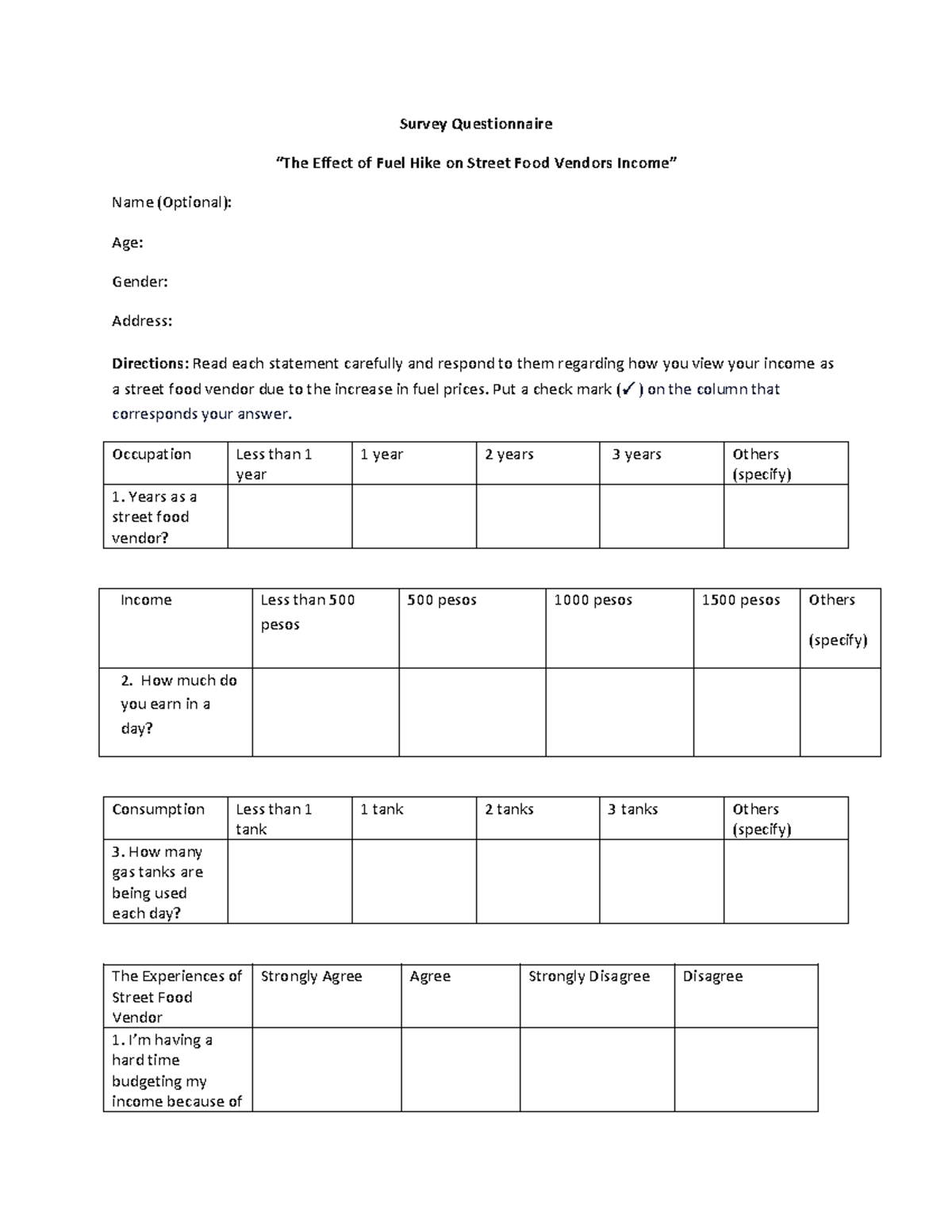 Survey-Questionnaire - Survey Questionnaire “The Effect of Fuel Hike on ...