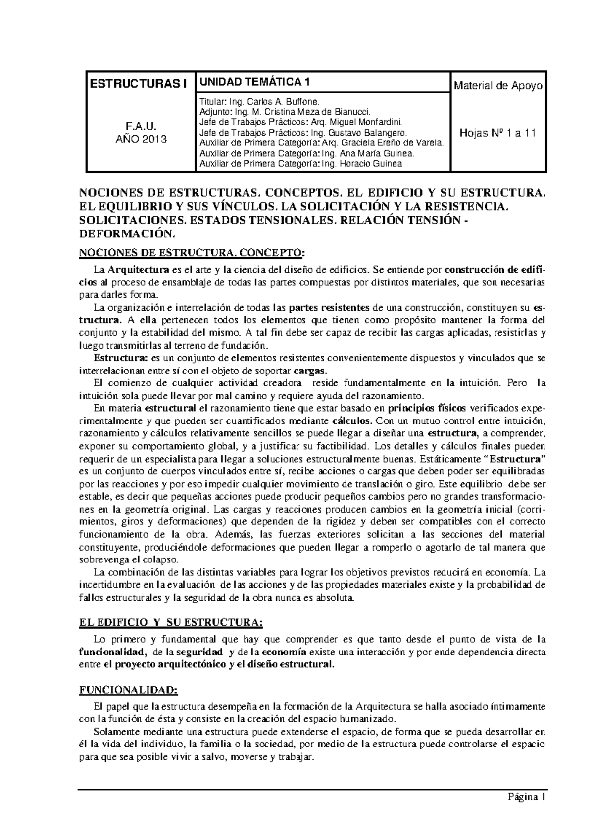 Estructuras I - Unidad 1 - ESTRUCTURAS I UNIDAD TEMÁTICA 1 Material de ...