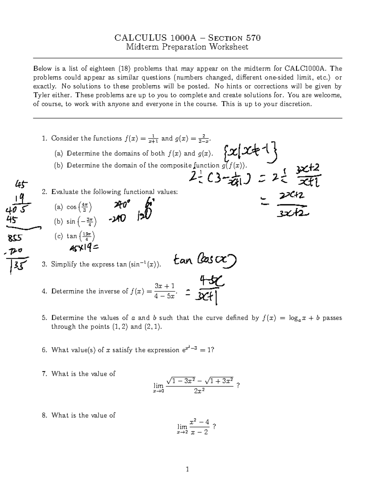 CALC1000A 570 midtermprepworksheet fw22 - ####### CALCULUS 1000A ...