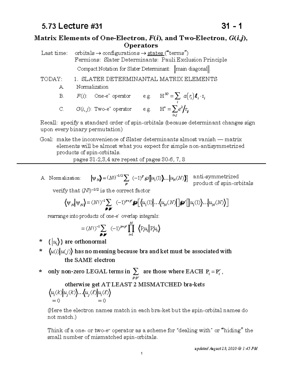 Matrix Elements of One-Electron, F(i), and Two-Electron, G(i,j ...