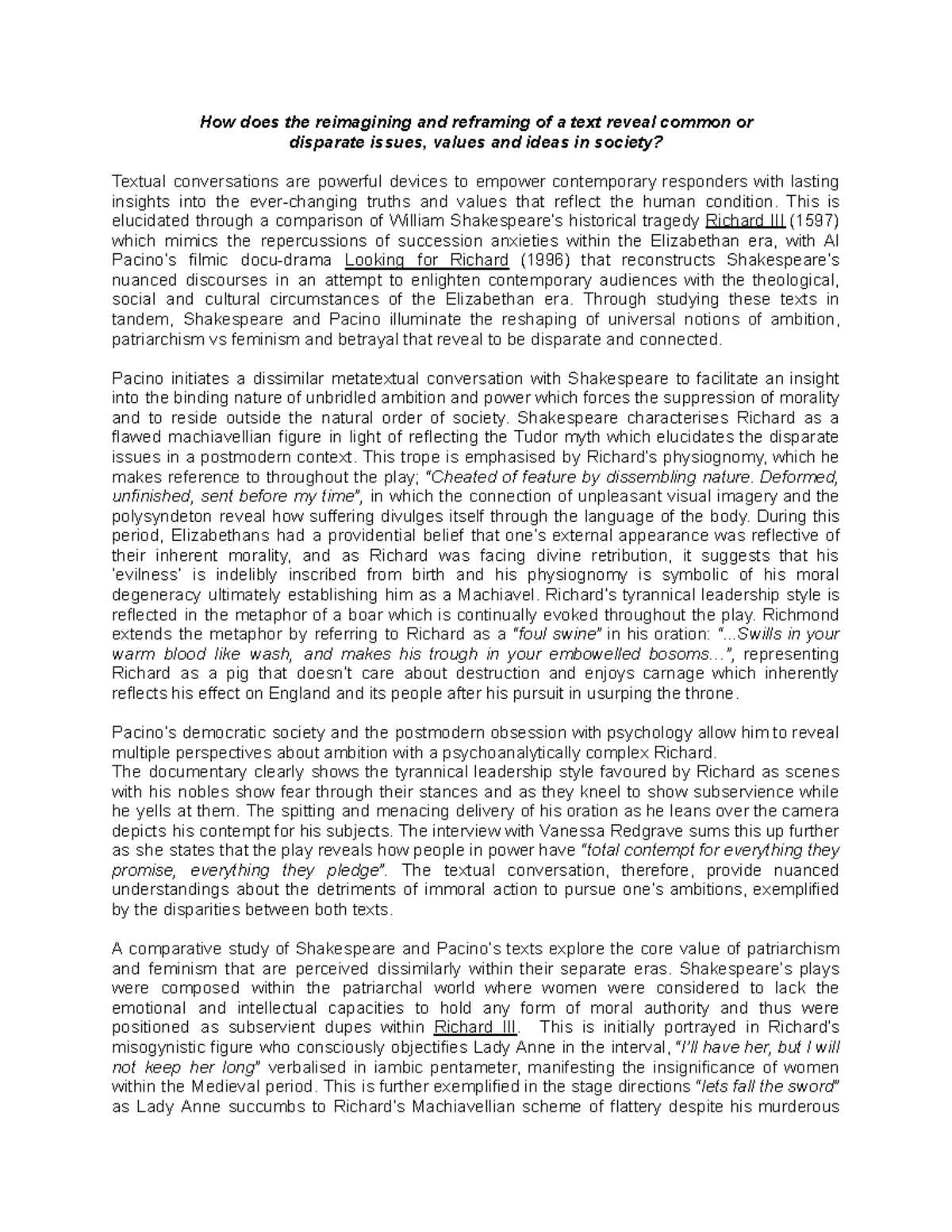 Mod A Textual Conversations Essay - How does the reimagining and ...