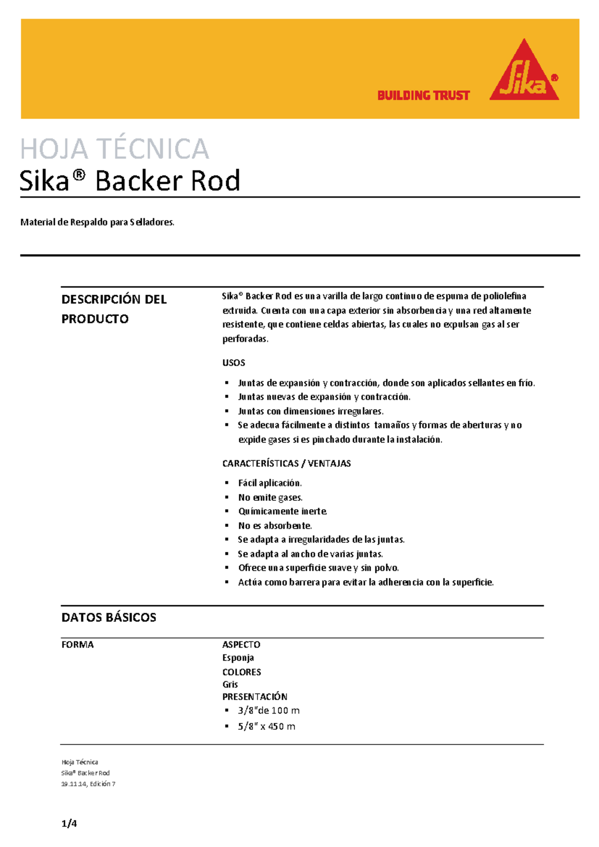 HT-Sika Backer Rod - ficha tecnica - ####### Hoja Técnica ####### Sika ...