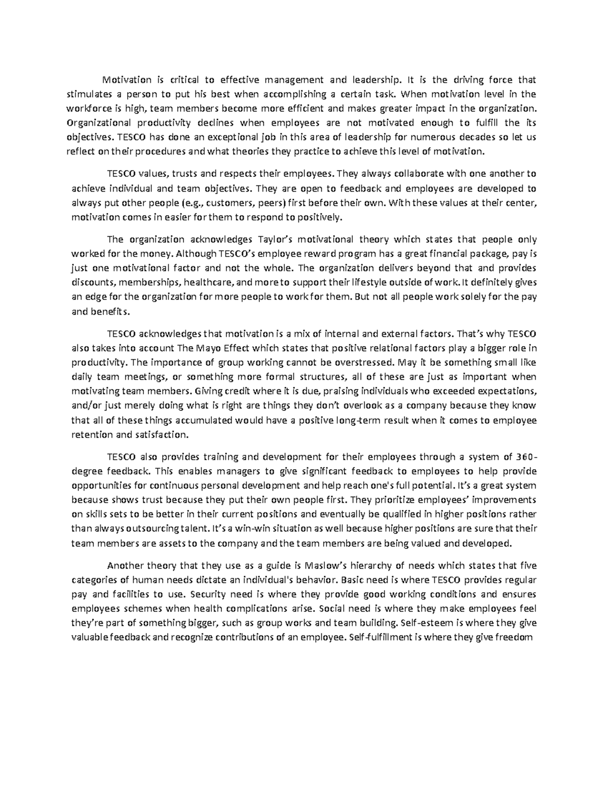 Reflection Paper on Motivation Theory in Practice at Tesco - Motivation ...