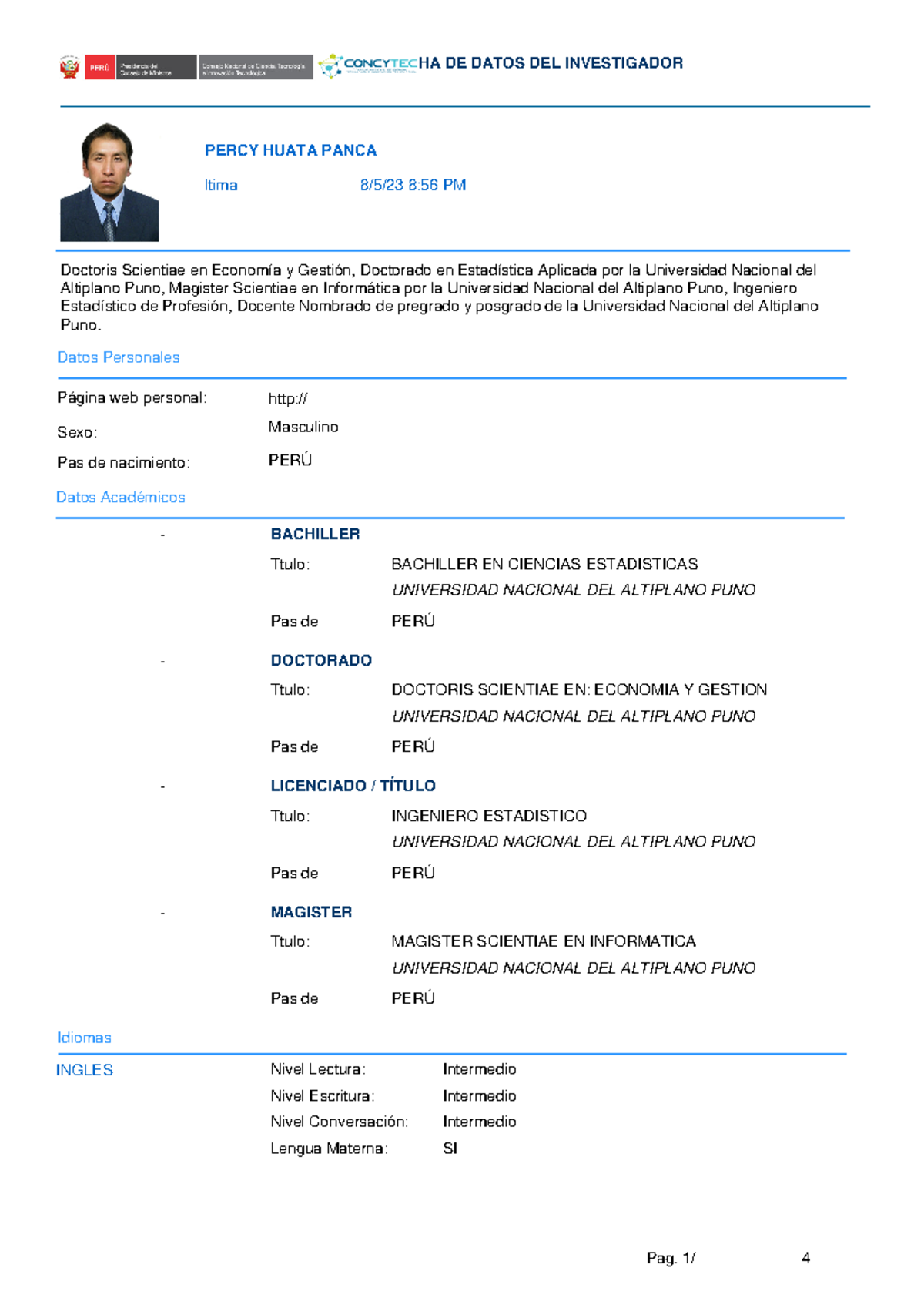 -CV- Percy Huata Panca - dfsdfsdfsdfsdf sdf sdf sdf - FICHA DE DATOS ...