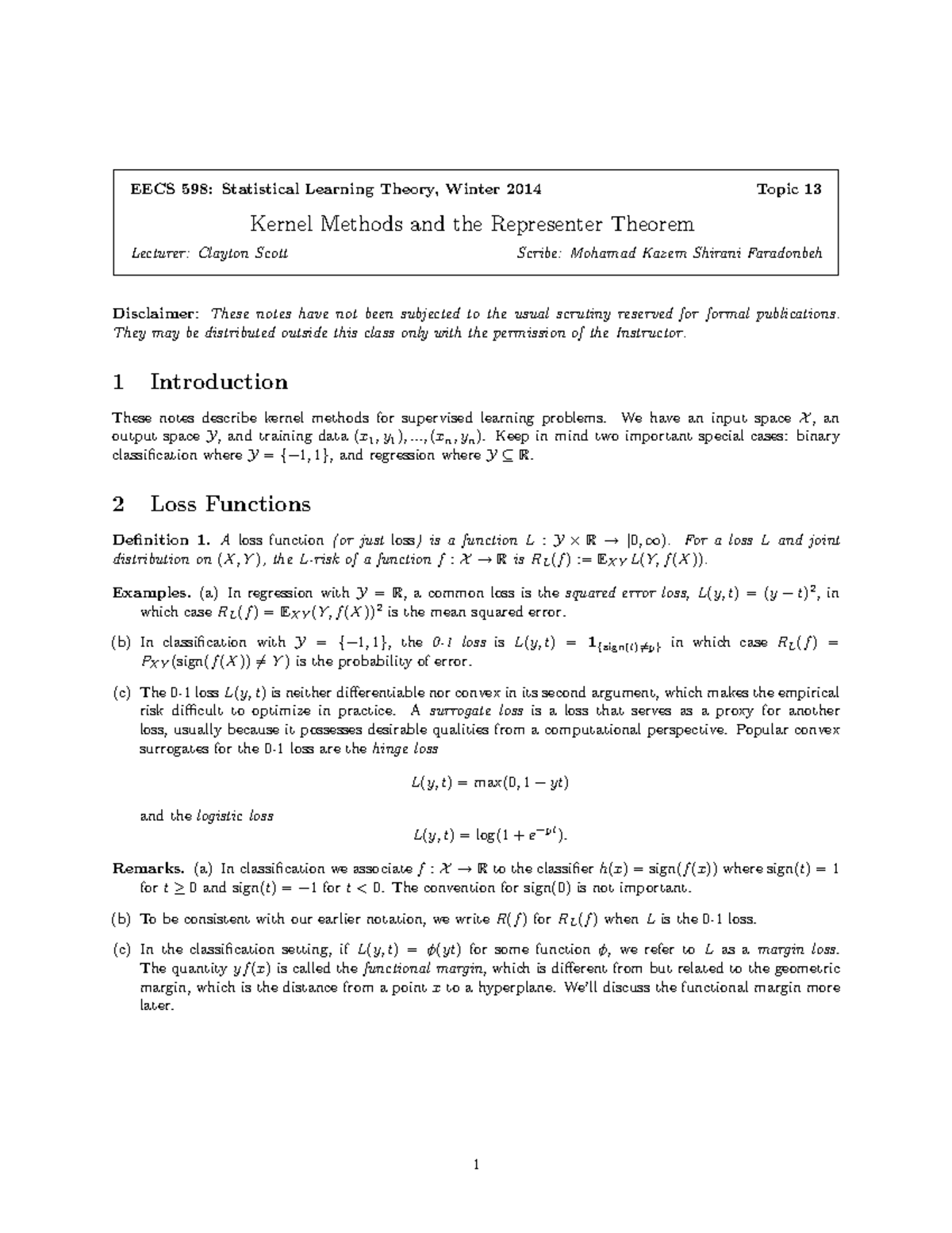 Lecture Notes Lecture 13 Kernel Methods Eecs 598 Statistical Learning Theory Winter 2014
