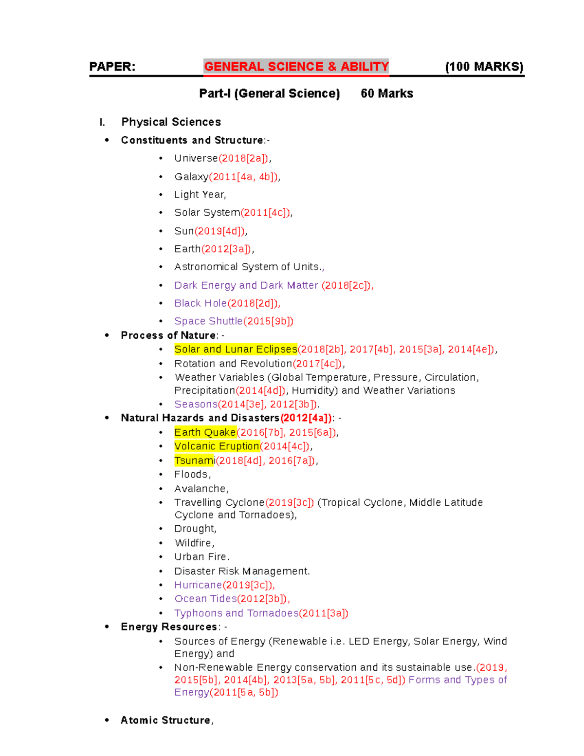 Syllabus Breakdown (GSA) - PAPER: GENERAL SCIENCE & ABILITY (100 MARKS ...