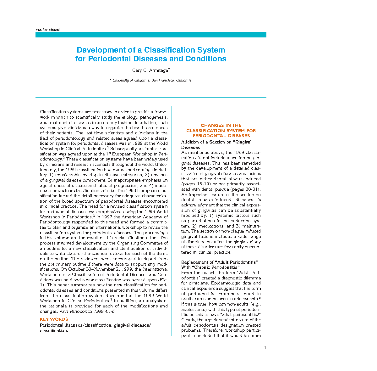 Armitage 1999 - Ann Periodontol Classification systems are necessary in ...
