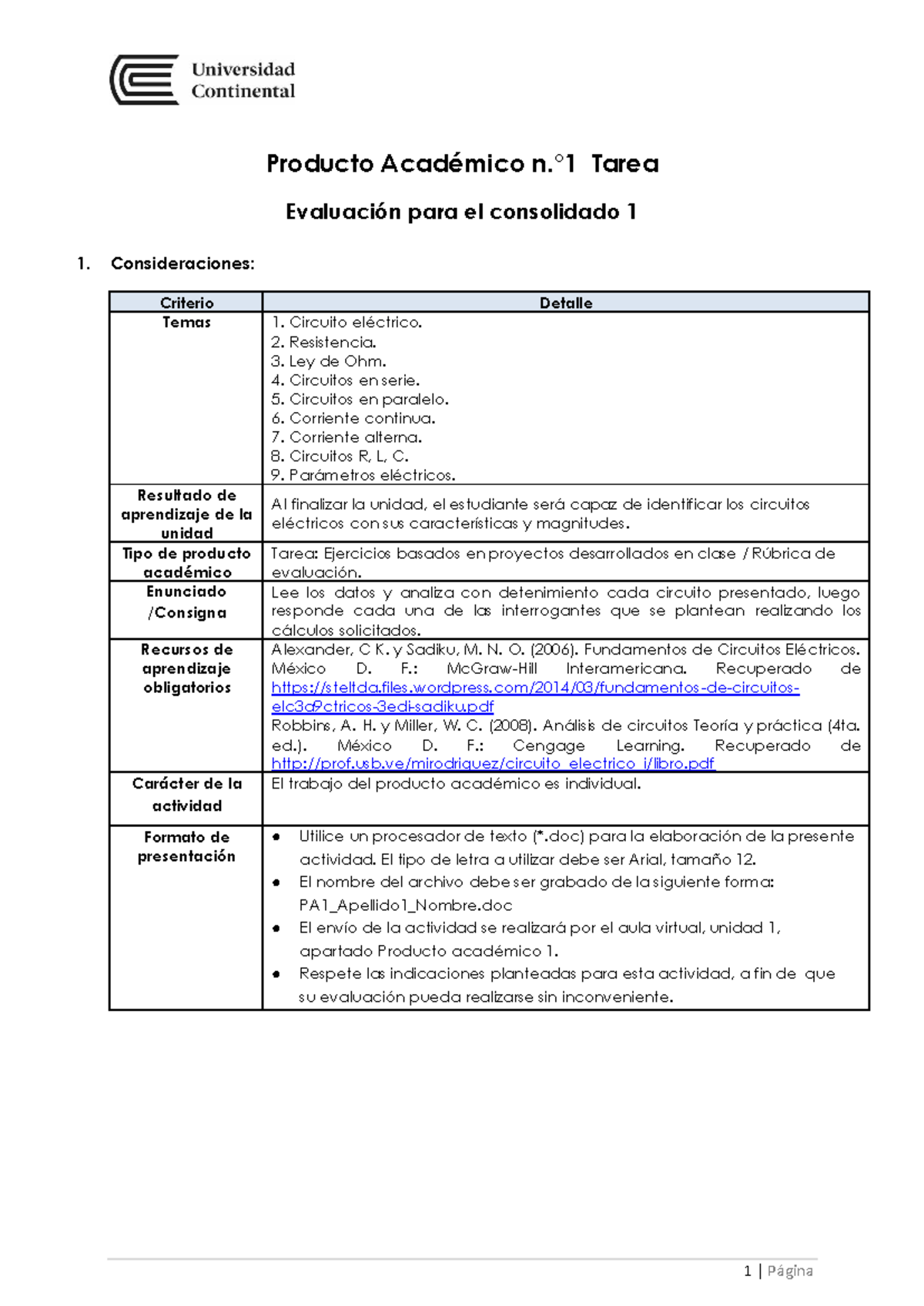 Tarea Consolidado 1 S4 - Ingeniería Eléctrica - Producto Académico n.°1 Tarea Evaluación para el ...