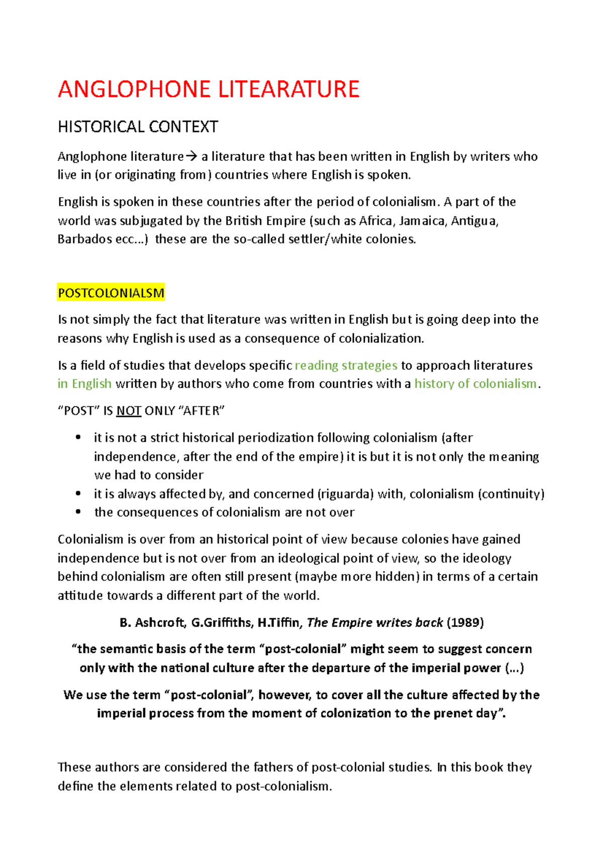 Anglophone Litearature appunti - ANGLOPHONE LITEARATURE HISTORICAL ...