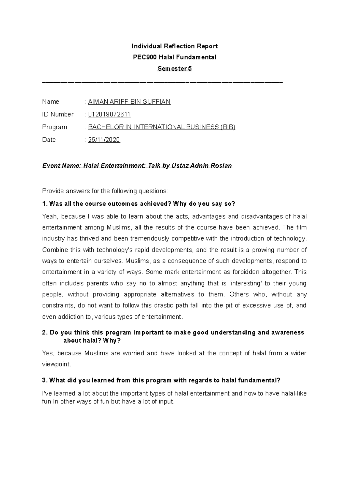 ( Halal) Individual Reflection PEC 900 ( Irfan Danish) - Individual ...