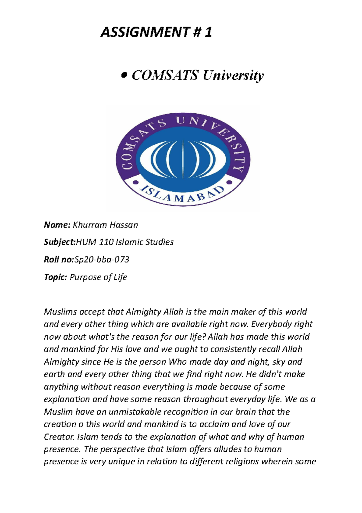 Islamiyat assignment 1 - ASSIGNMENT # 1 COMSATS University Name ...