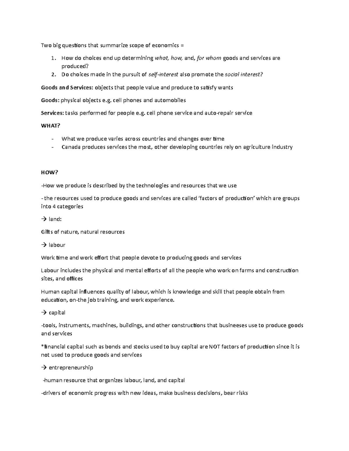 Econch 1 - Lecture notes 1 - Two big questions that summarize scope of ...