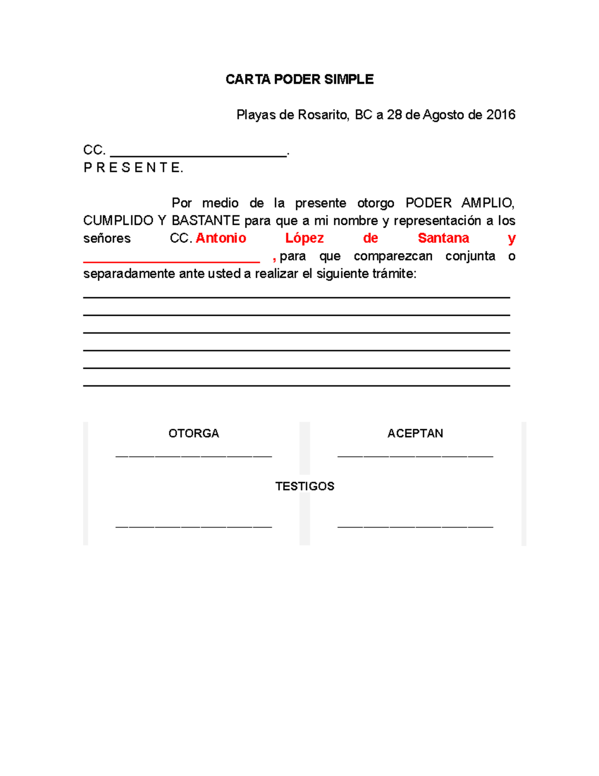 Carta Poder Simple - CARTA PODER SIMPLE Playas de Rosarito, BC a 28 de ...