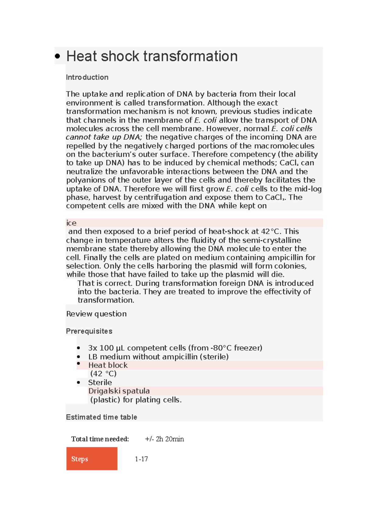 Printen 1 - Heat shock transformation Introduction The uptake and ...