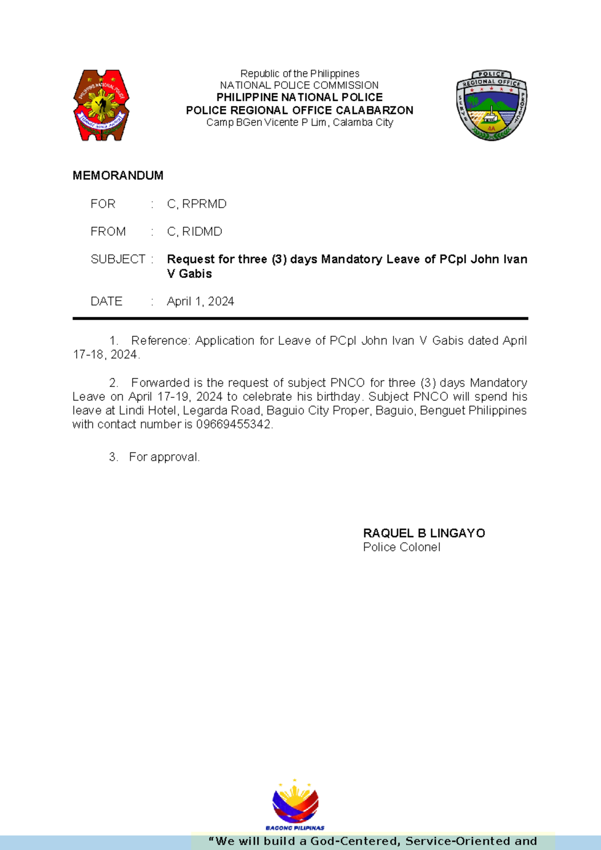 Endorsement - service leave - MEMORANDUM FOR : C, RPRMD FROM : C, RIDMD ...