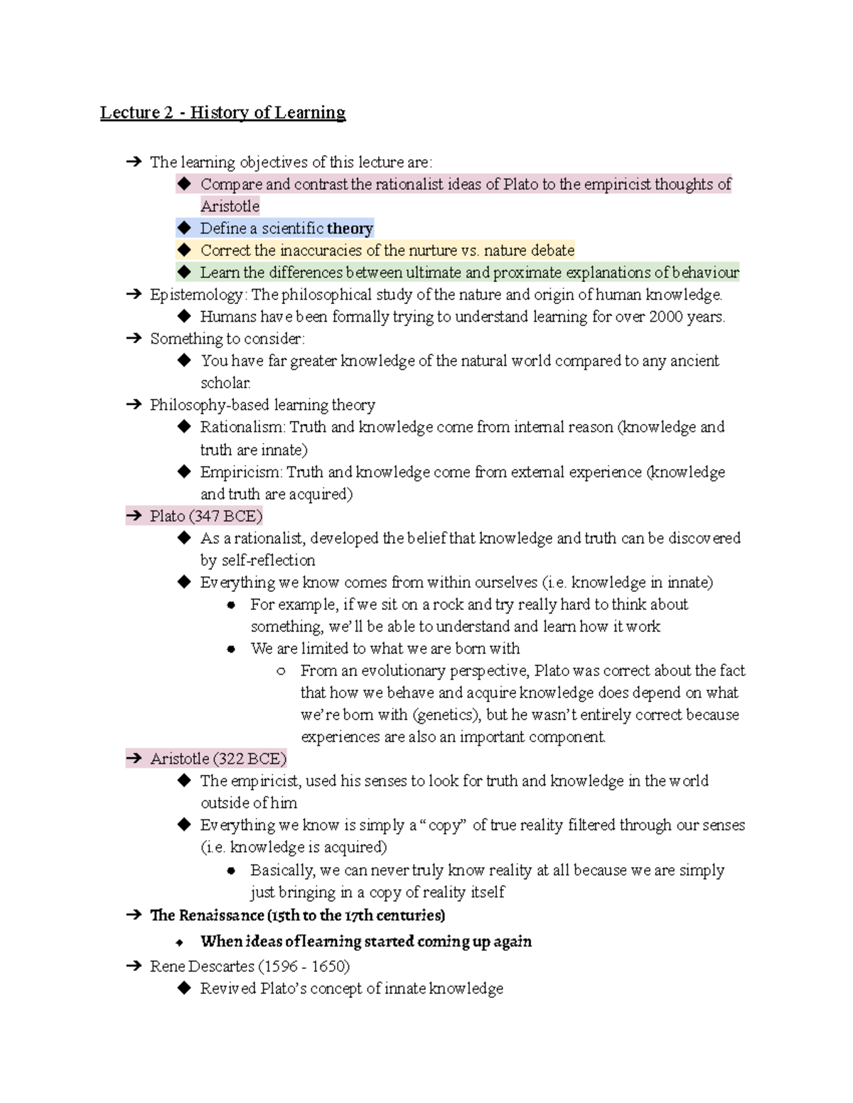 Psych 2gg3 - Lecture 2 notes - Lecture 2 - History of Learning The ...