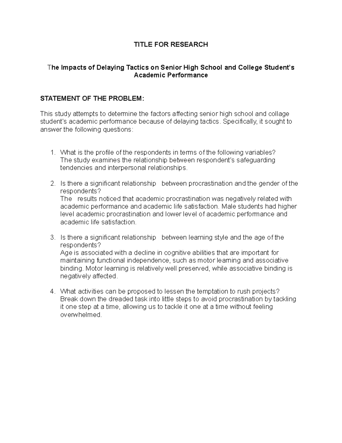 Title FOR Research - good luck - TITLE FOR RESEARCH The Impacts of ...