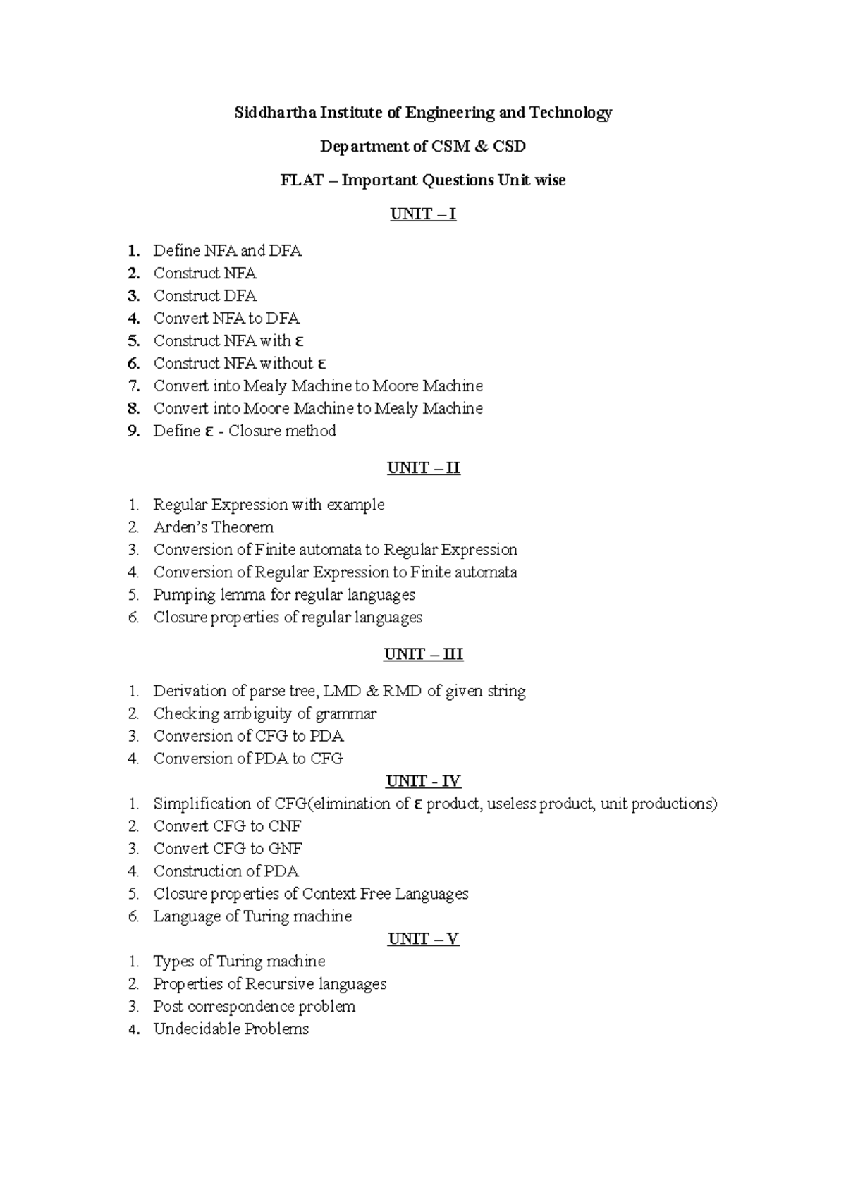 Flat unitwise imp ques R18 - Siddhartha Institute of Engineering and Technology Department of ...