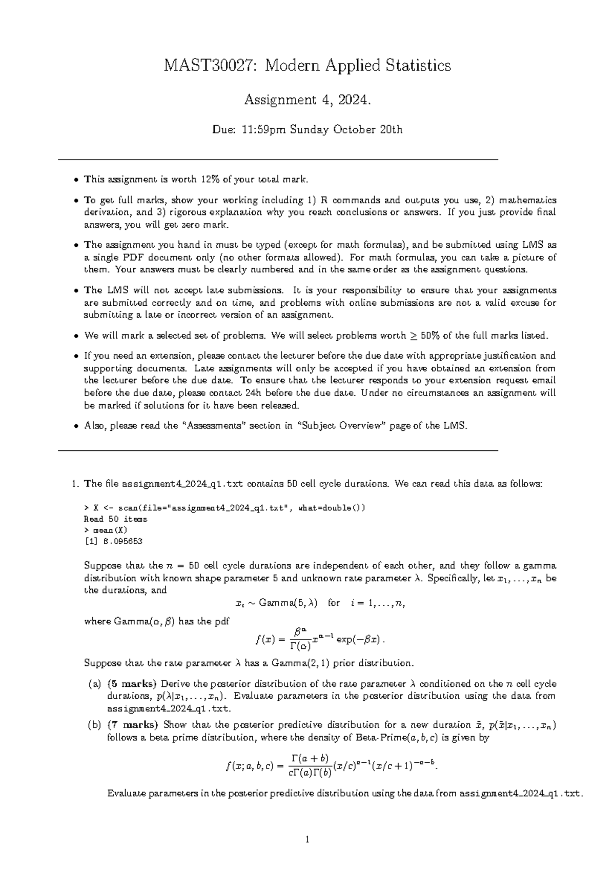 2024 Assignment 4 - Assignmetn 1 - MAST30027: Modern Applied Statistics Assignment 4, 2024. Due ...
