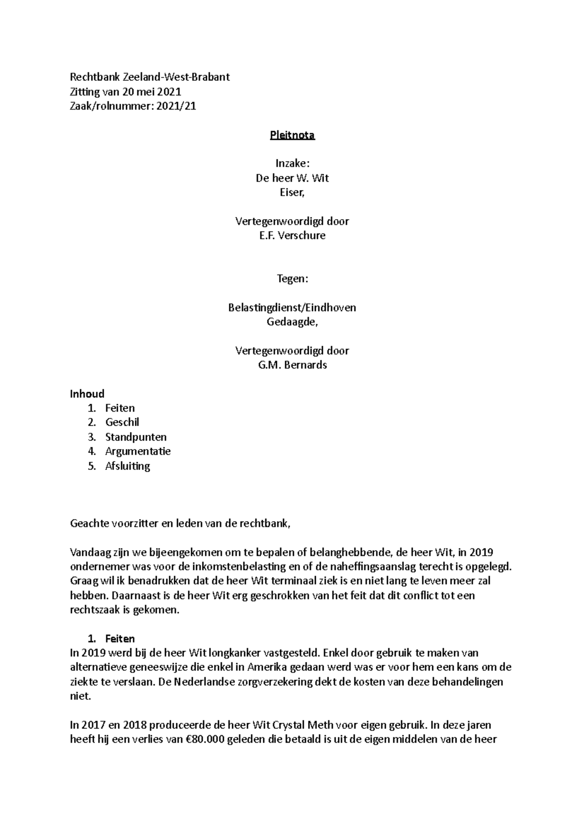 Pleitnota - Rechtbank Zeeland-West-Brabant Zitting van 20 mei 2021 Zaak ...