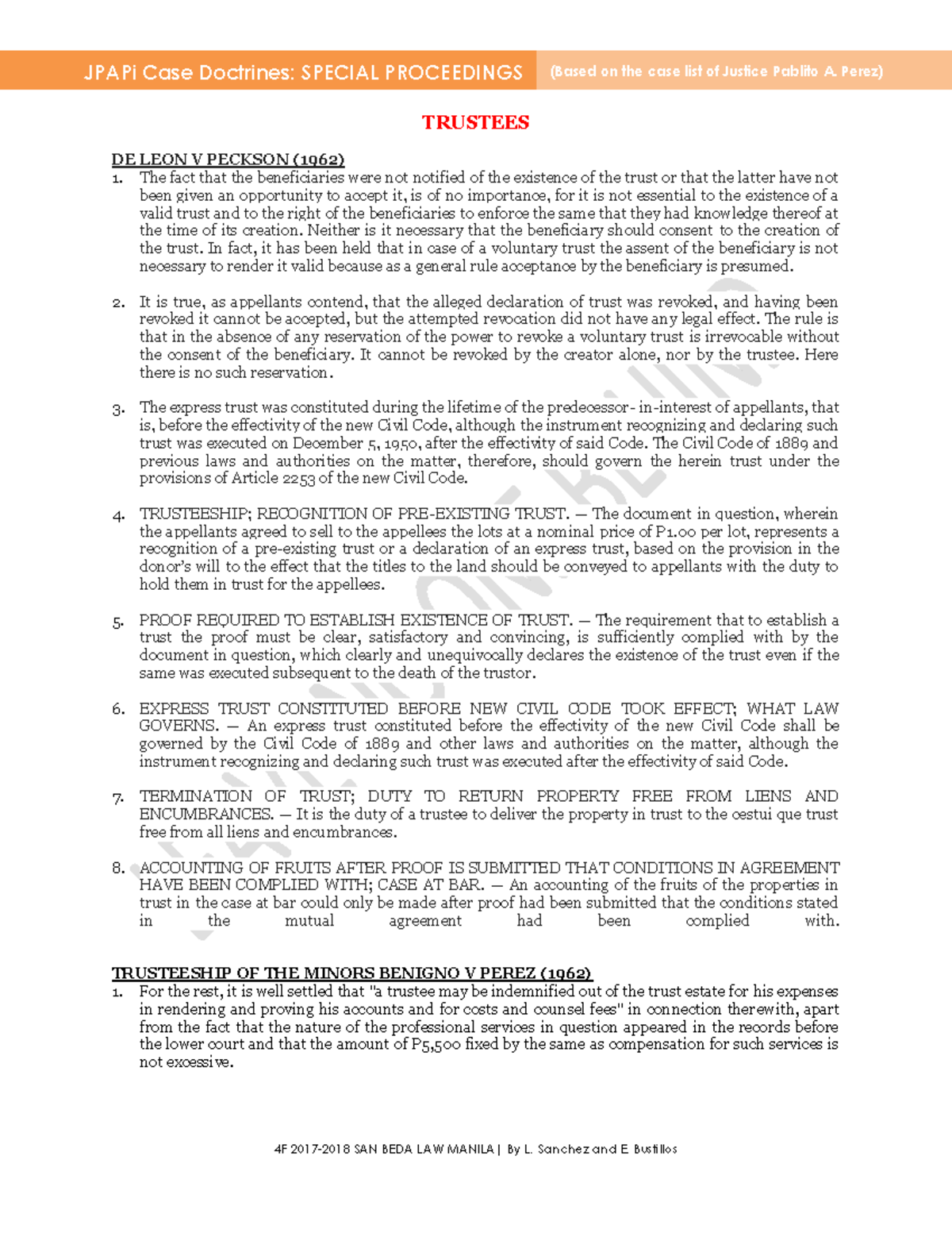 Jpapi Specpro Doctrines - ) TRUSTEES DE LEON V PECKSON (1962) The fact ...