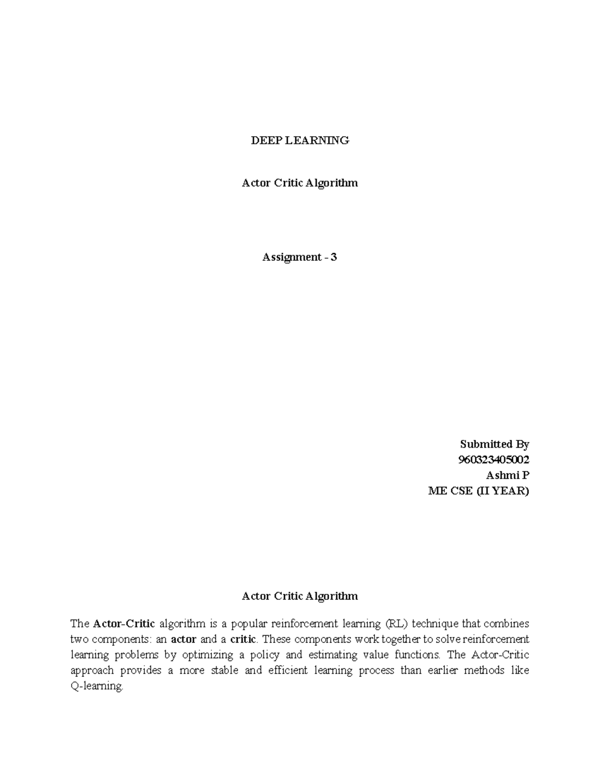 DL- 3 - Assignments - DEEP LEARNING Actor Critic Algorithm Assignment - 3 Submitted By ...