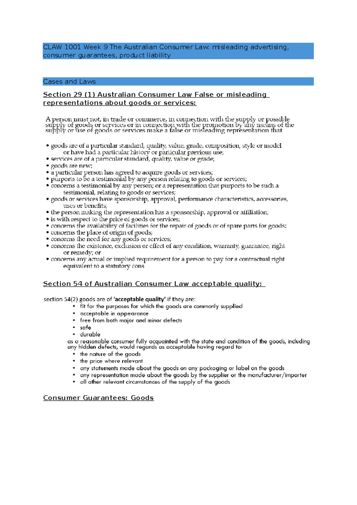Week 9 Notes and Cases - CLAW 1001 Week 9 The Australian Consumer Law ...