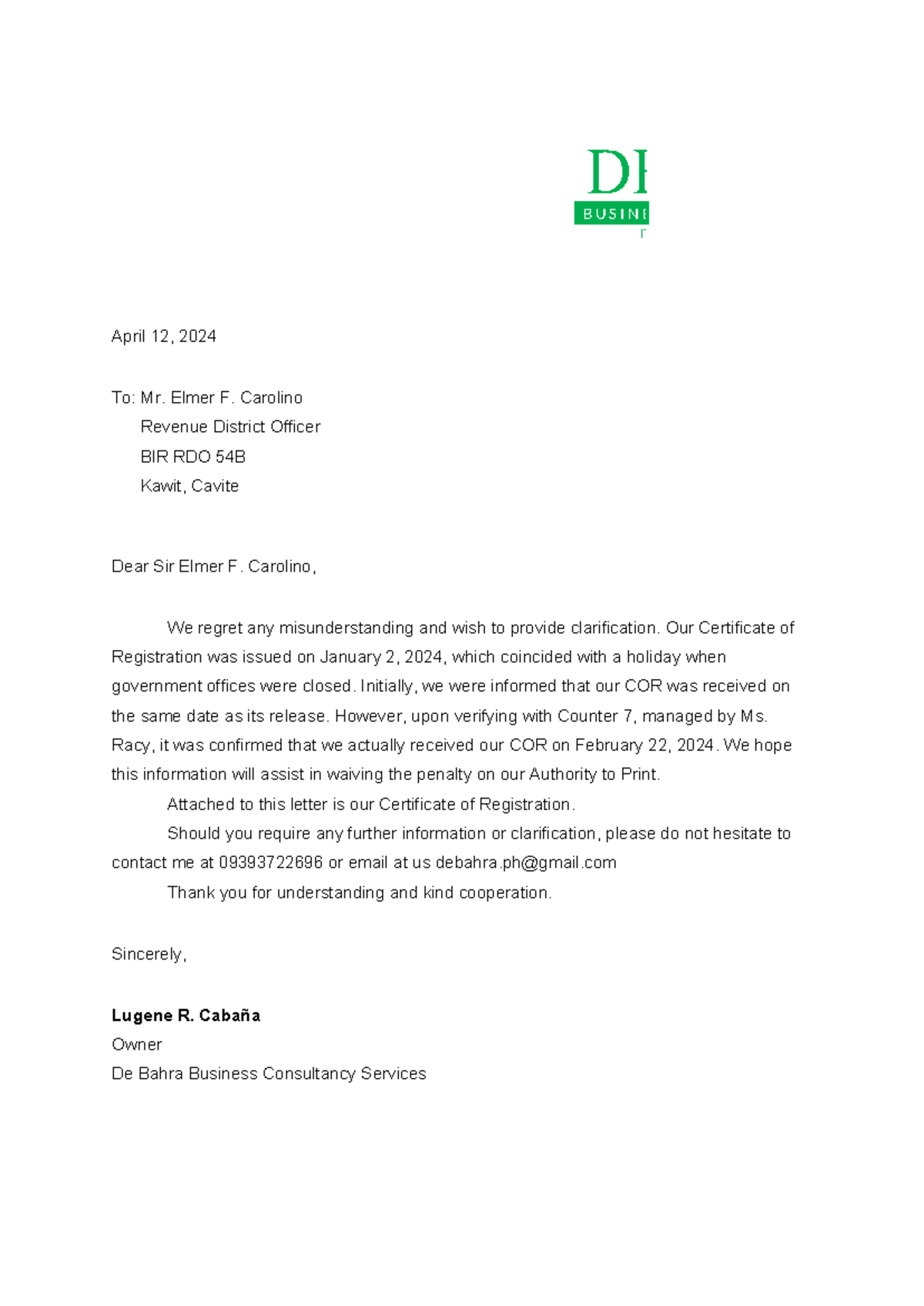 Acceptance Letter - B U S I N E S S C O N S U L T A N C Y S E R V I C E ...